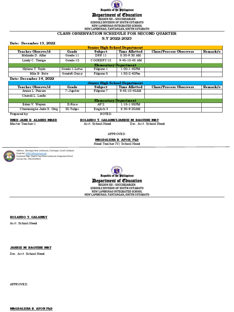 Class Observation Schedule For Second Quarter Pdf Social