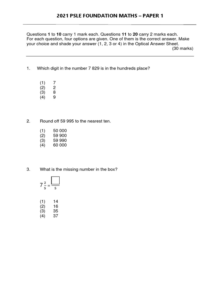 ERC 2021 PSLE Foundation Maths Paper 1 | PDF | Mathematics