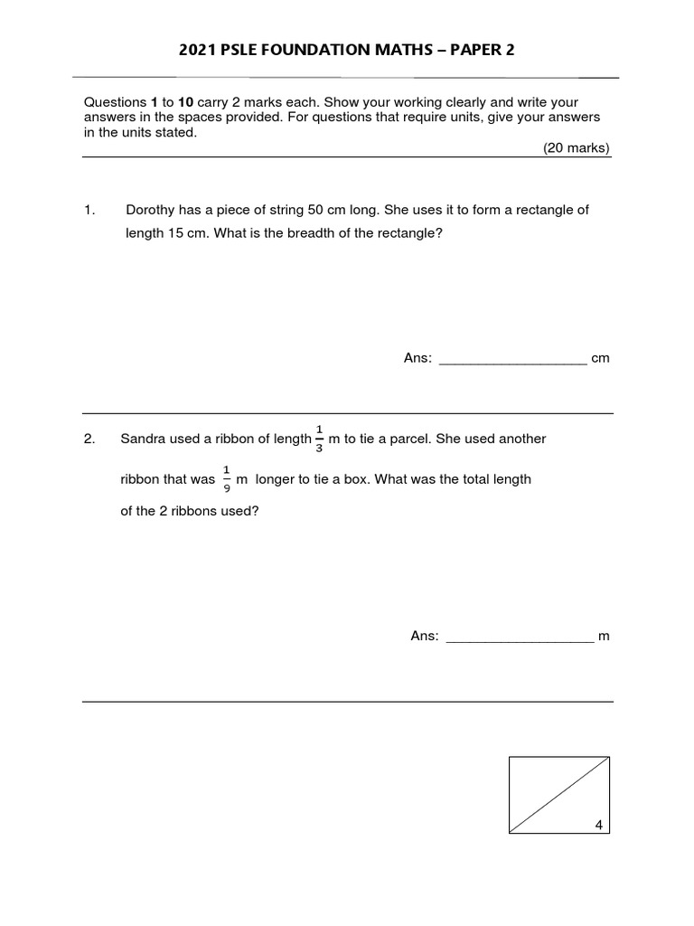ERC 2021 PSLE Foundation Maths Paper 2 | PDF | Length | Rectangle