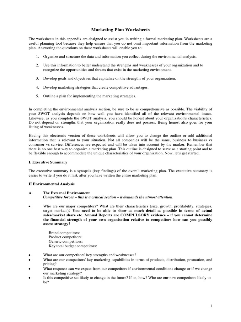 Marketing Plan Worksheets Part-1 | PDF | Marketing | Marketing Strategy