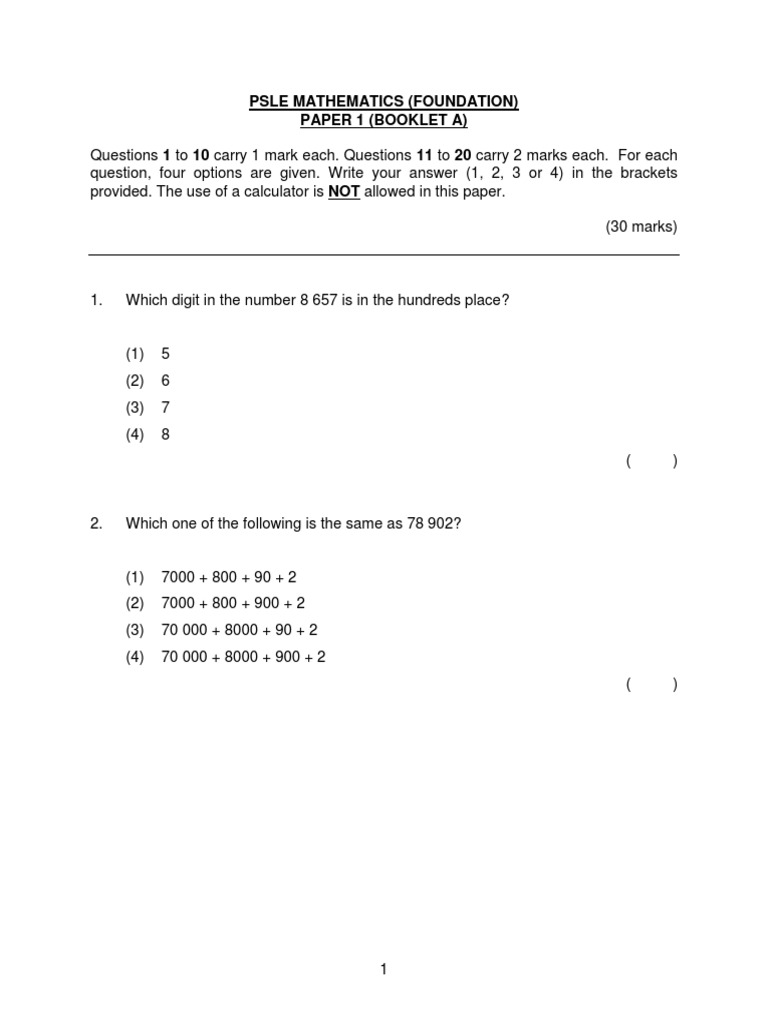 Psle Mathematics (Foundation) Paper 1 (Booklet A) | PDF