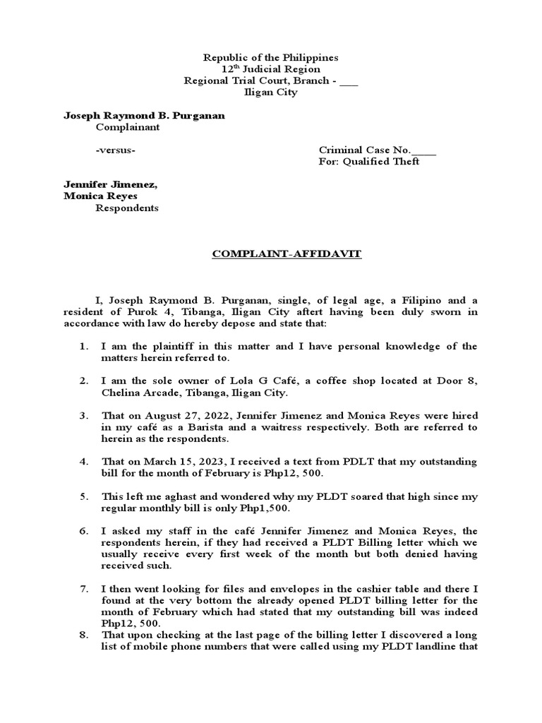 Complaint Qualified Theft | PDF | Public Sphere | Government