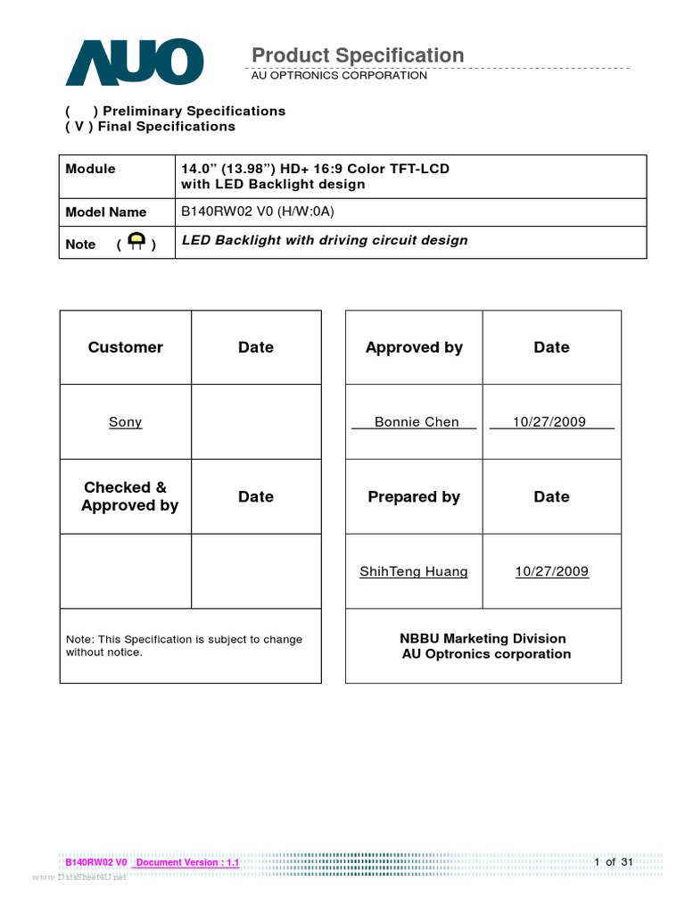 Datasheet Pdf Thin Film Transistor Liquid Crystal Display Liquid