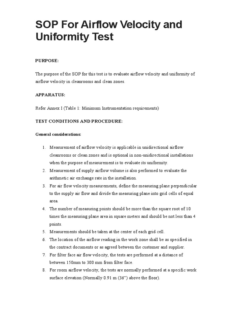 SOP For Airflow Velocity and Uniformity Test | PDF | Metrology