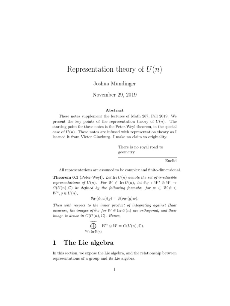 Representation Theory of U (N) : 1 The Lie Algebra | PDF | Representation Theory | Exponential ...