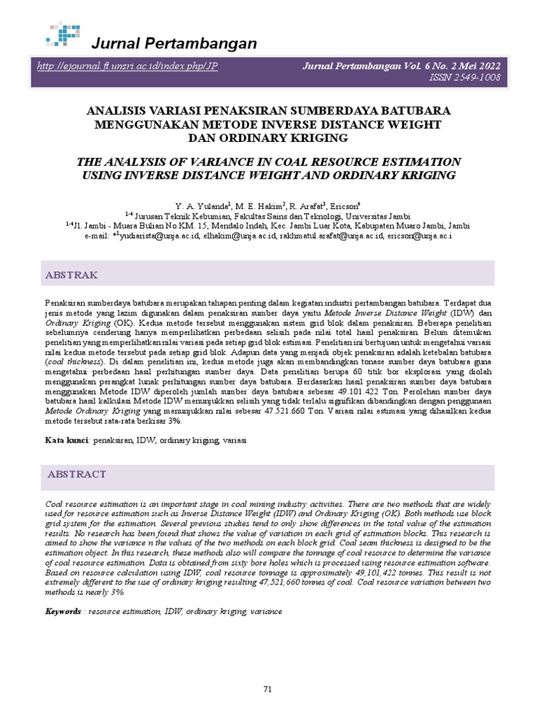 Analisis Variasi Penaksiran Sumberdaya Batubara Menggunakan Metode Inverse Distance Weight Dan ...