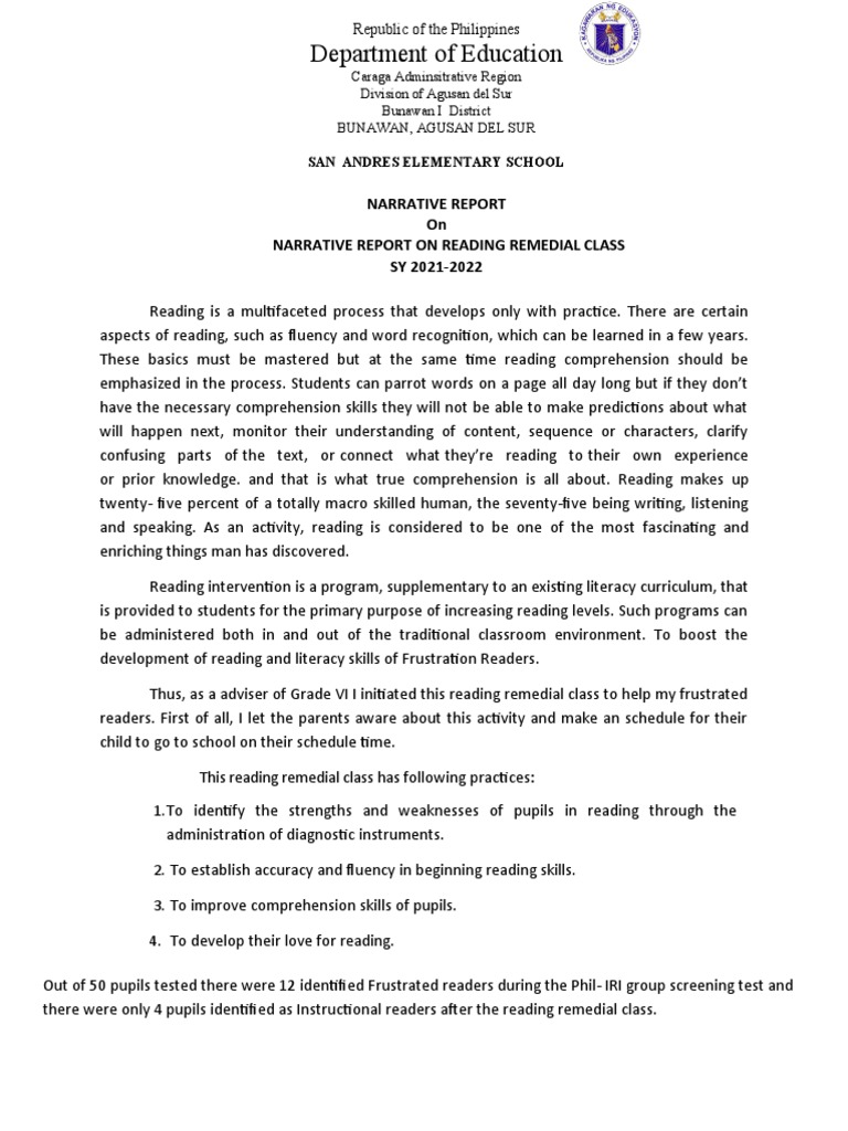 Narrative Report on Reading Remediation | PDF | Reading Comprehension ...