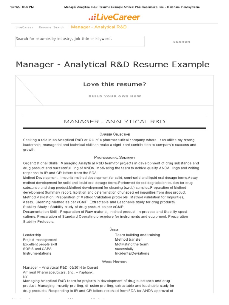 Manager Analytical R&D Resume Example Amneal Pharmaceuticals, Inc. - Horsham, Pennsylvania | PDF ...