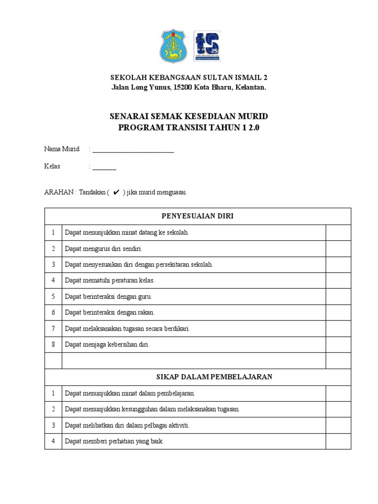 SENARAI SEMAK KESEDIAAN MURID | PDF