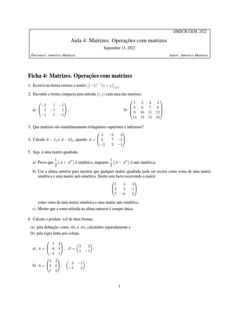 Ficha4 Matrizes Operacoes Com Matrizes CB2022 | PDF | Matriz ...