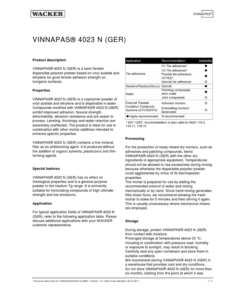 Vinnapas 4023N-TDS | PDF | Polyvinyl Chloride | Polymers
