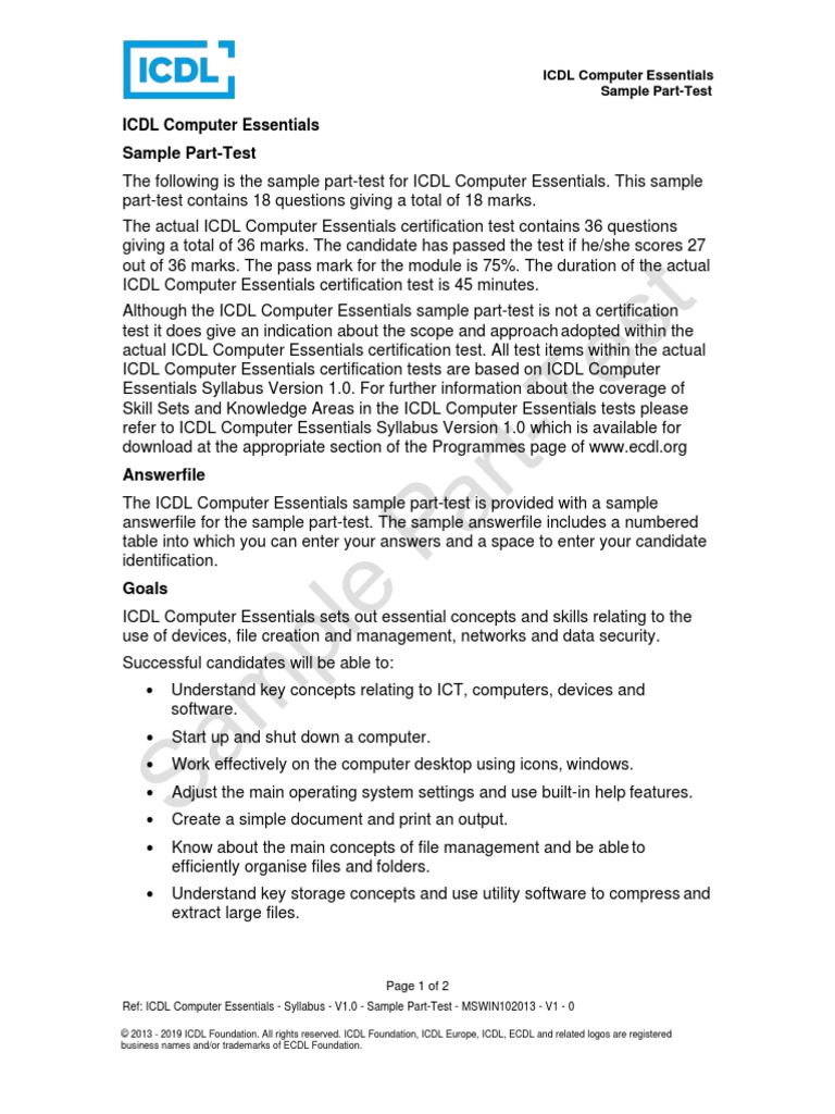 Sample Part-Test: ICDL Computer Essentials | PDF | Computer File ...