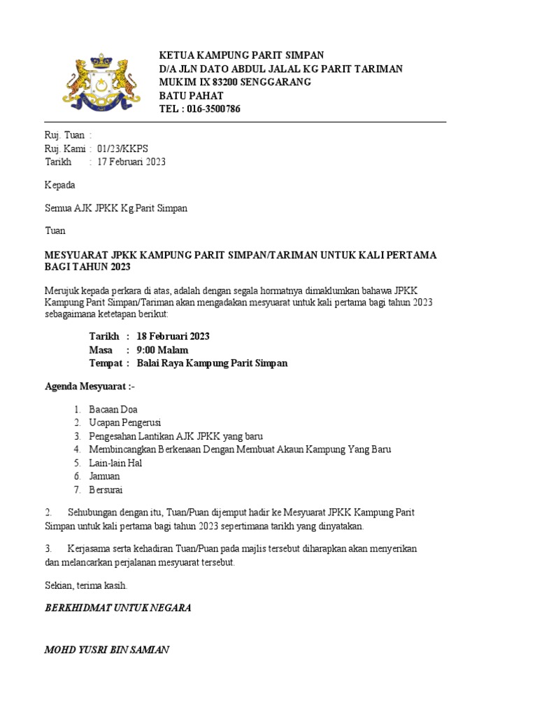 Mesyuarat JPKK KG - Parit Simpan Kali Pertama 2023 | PDF