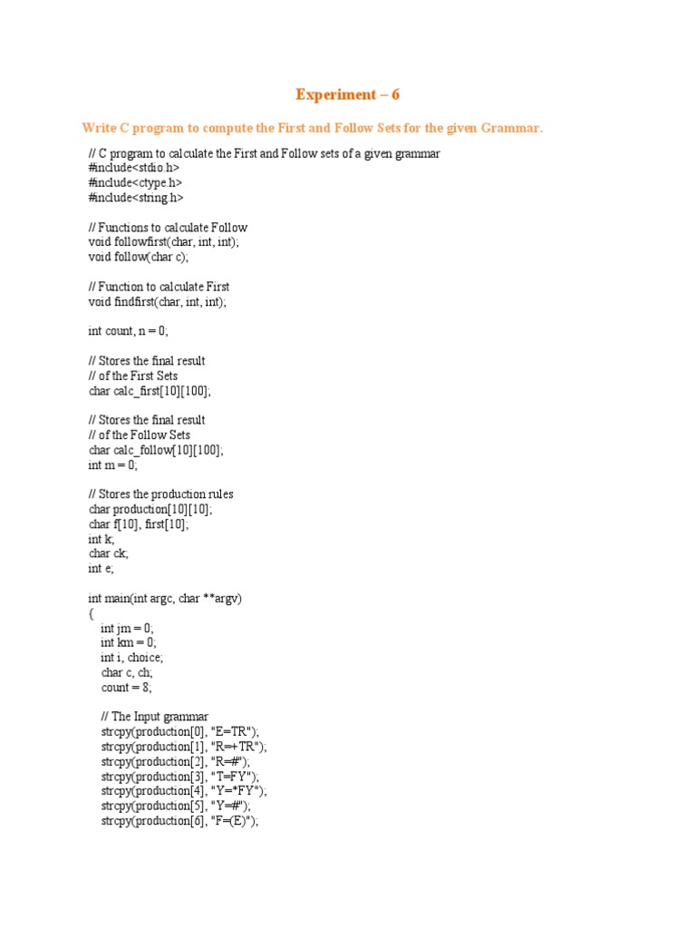 Experiment 6 Write C Program To Compute The First And Follow Sets