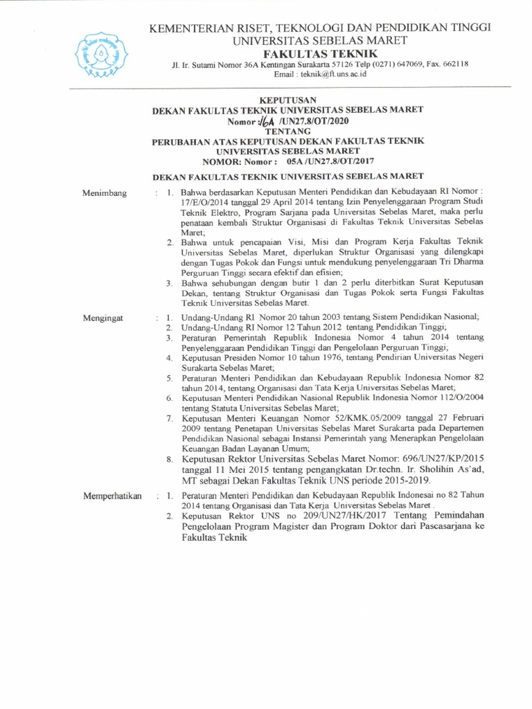 SK - Perubahan Atas Keputusan Dekan FT UNS No. 5a.UN27.8.OT.2017 | PDF