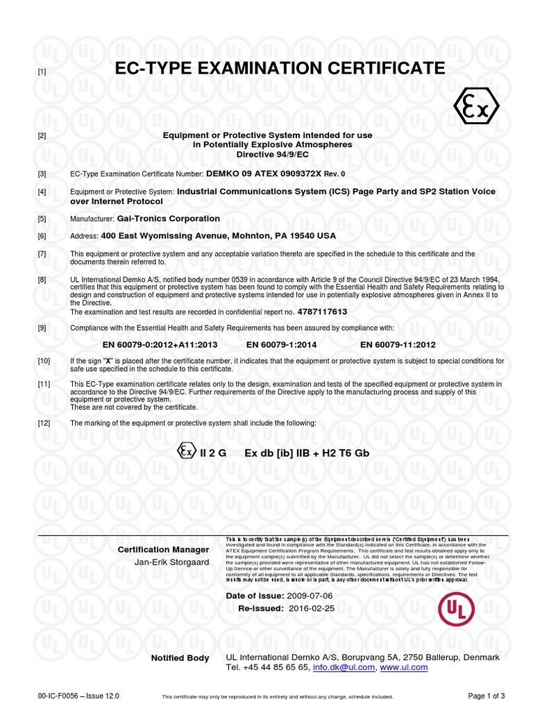 Ec-Type Examination Certificate: DEMKO 09 ATEX 0909372X | PDF ...