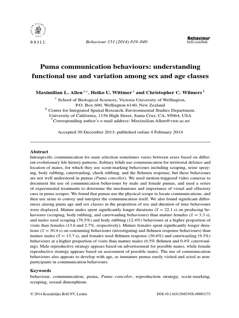 Puma Communication Behaviours: Understanding Functional Use and Variation Among Sex and Age ...
