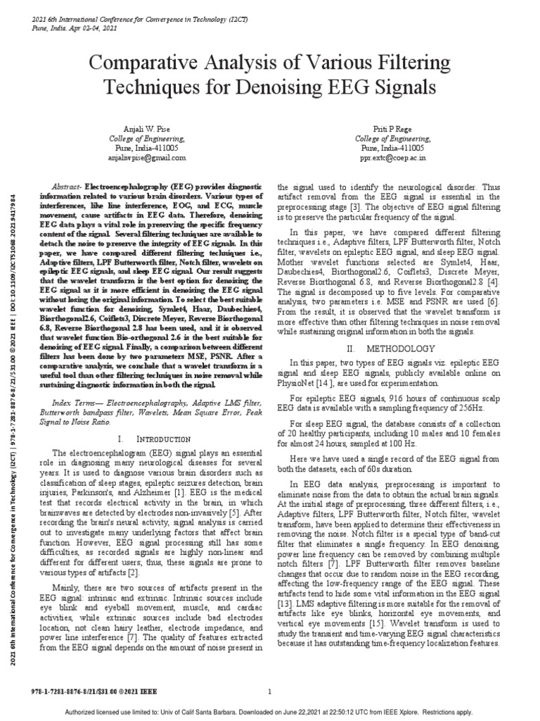Comparative Analysis of Various Filtering Techniques For Denoising EEG Signals | PDF | Wavelet ...