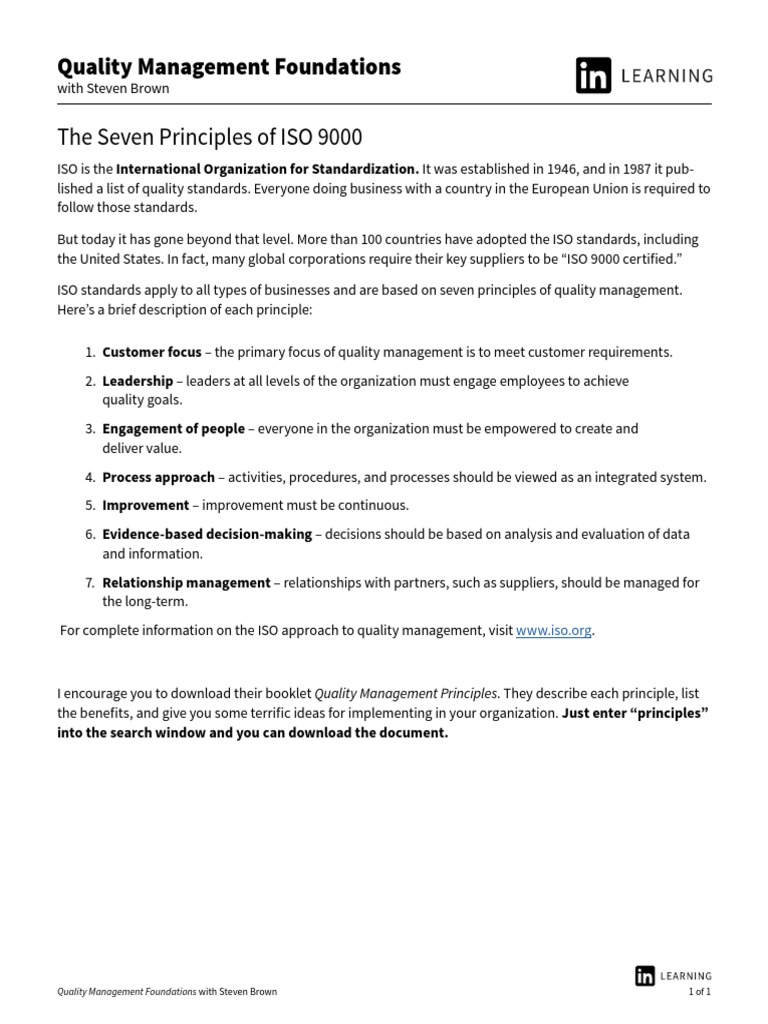 The Seven Principles of ISO 9000: Quality Management Foundations | PDF