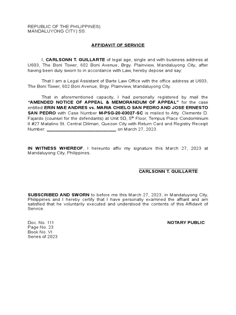 Affidavit of Service Ffor Notice of Appeal 2 - Andres Case | PDF