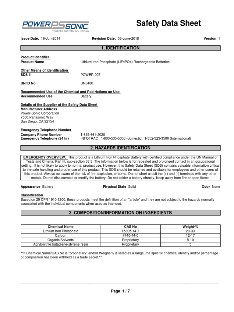 Power Sonic PSL-12450 MSDS | PDF | Dangerous Goods | Rechargeable Battery