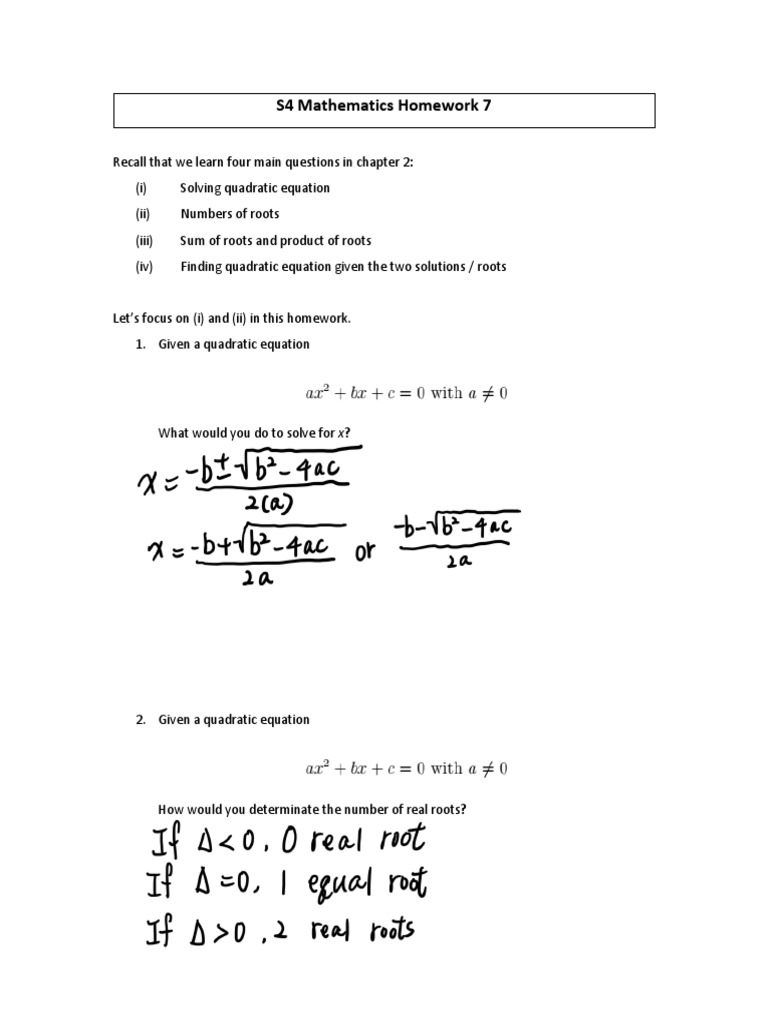 S4 Mathematics Homework 7 | PDF | Equations | Quadratic Equation