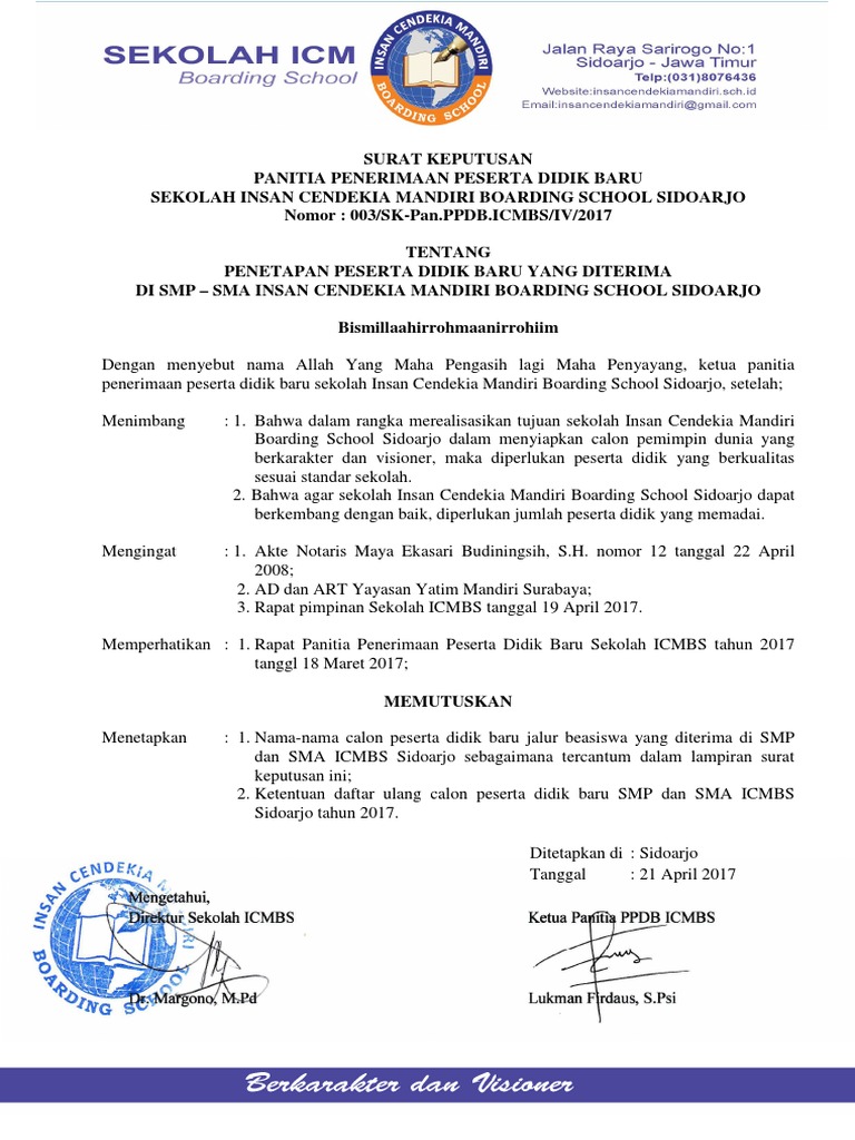 SURAT KEPUTUSAN PANITIA PENERIMAAN PESERTA DIDIK BARU SEKOLAH INSAN CENDEKIA MANDIRI BOARDING ...