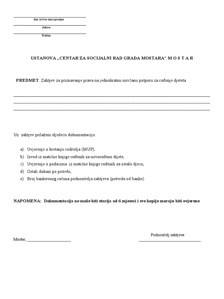 Zahtjev Za Priznavanje Prava Na Novčanu Potporu Za Rođenje Djeteta. | PDF