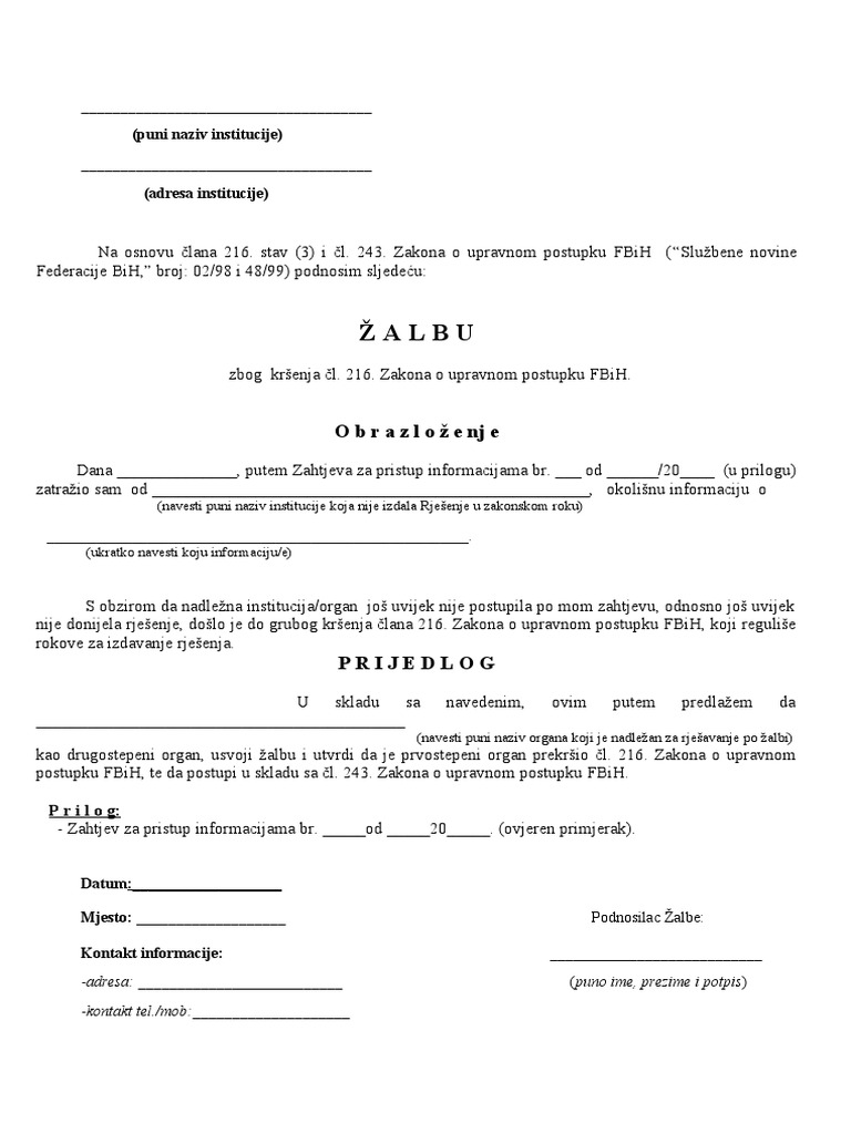 Urnek-Zalba-zbog-sutnje-administracije (1) | PDF