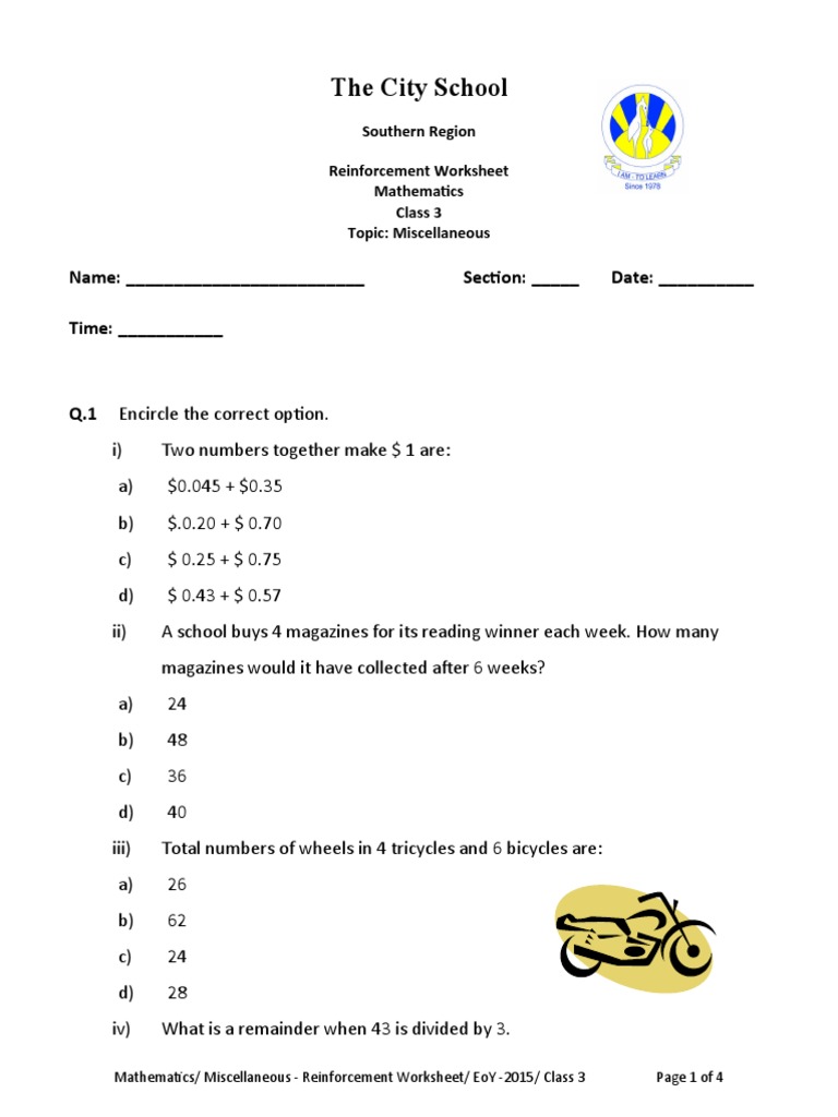 Class 3 Reinforcement Worksheet Miscellaneous | PDF | Mathematics | Arithmetic