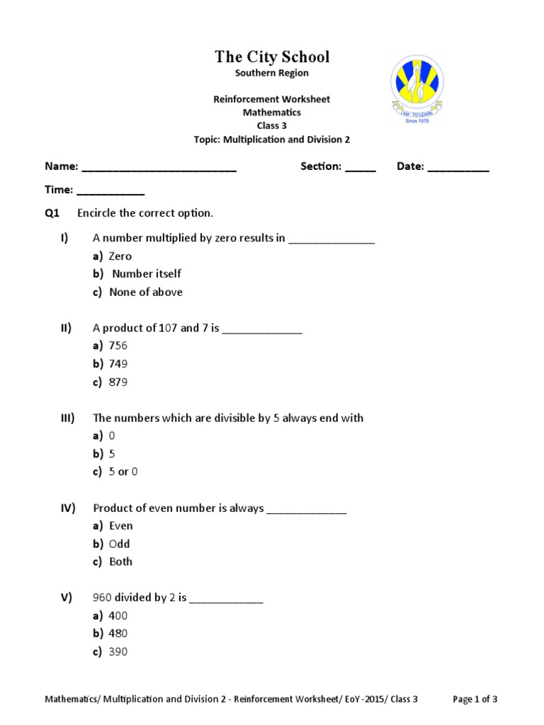 Grade 3 Multiplication and Division Worksheet | PDF | Multiplication ...