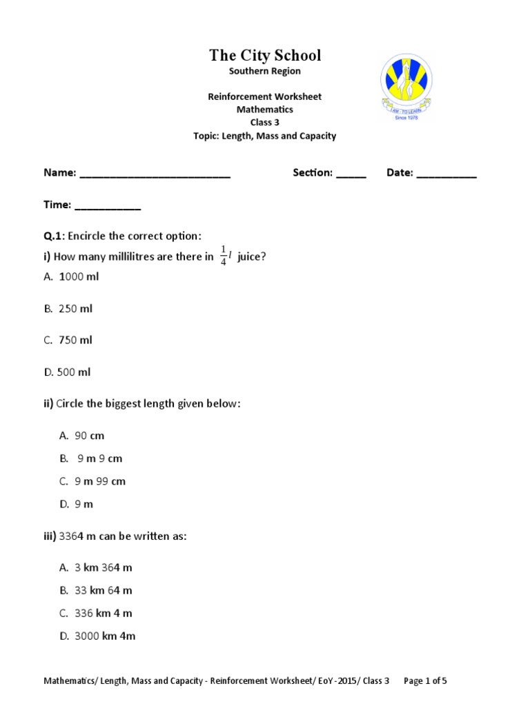 Grade 3 Length, Mass, and Capacity Worksheet | PDF | Litre | Metrology
