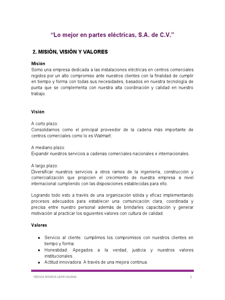 Mision Vision Valores Yess | PDF | Calidad (comercial) | Business