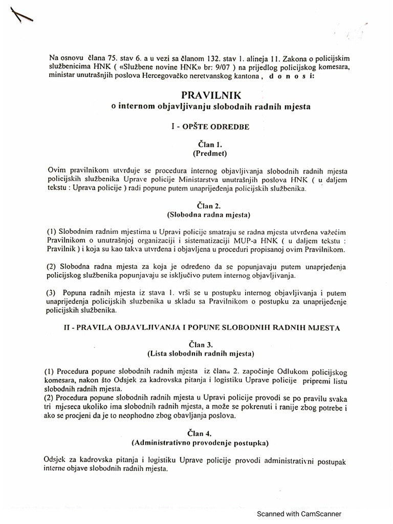 Pravilnik o Internom Objavljivanju Slobodnih Radnih Mjesta | PDF