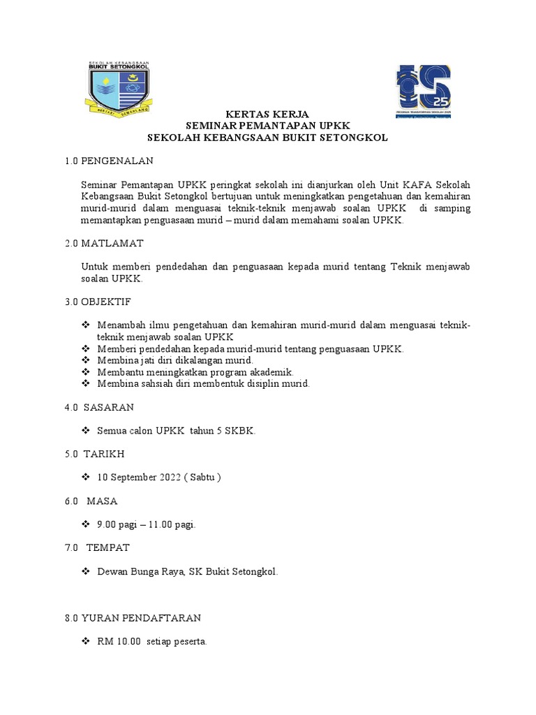 Kertas Kerja Seminar Pemantapan Upkk Sekolah Kebangsaan Bukit Setongkol ...