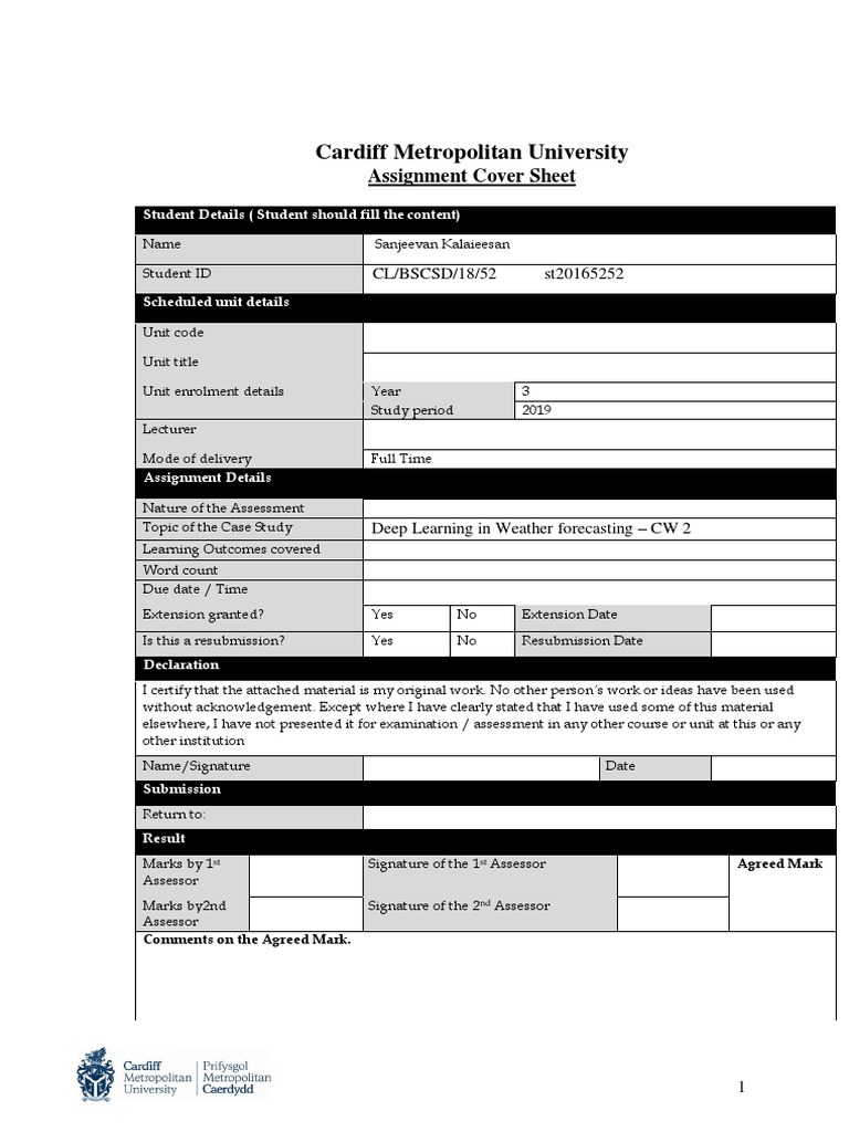 Cardiff Metropolitan University: Assignment Cover Sheet | PDF | Deep ...