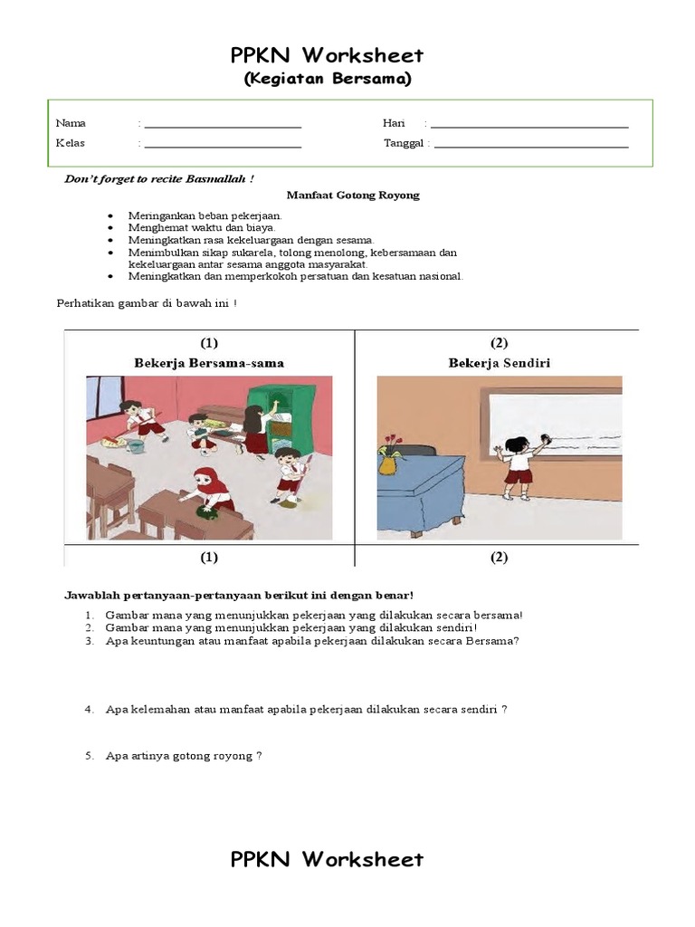Worksheet PPKN Gotong Royong | PDF | Seni & Disiplin Bahasa