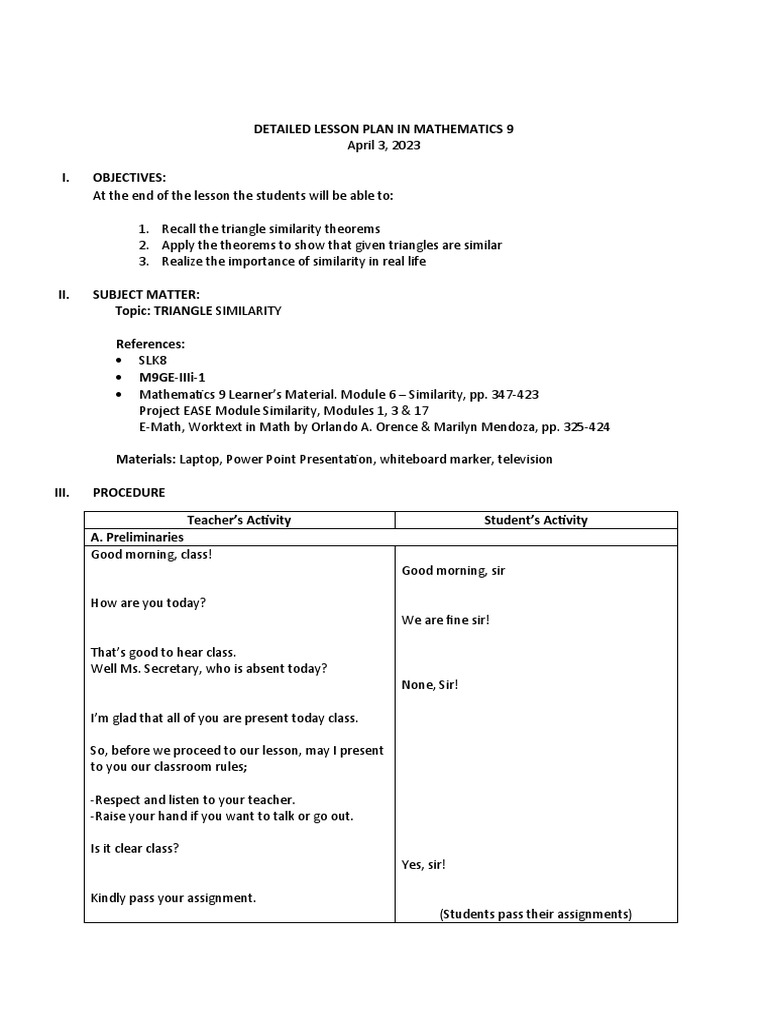 DETAILED LESSON PLAN IN MATHEMATICS 9 Week 8 Day 1 | PDF | Triangle ...