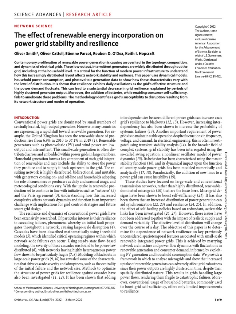 The Effect of Renewable Energy Incorporation On Power Grid Stability and Resilience | PDF ...