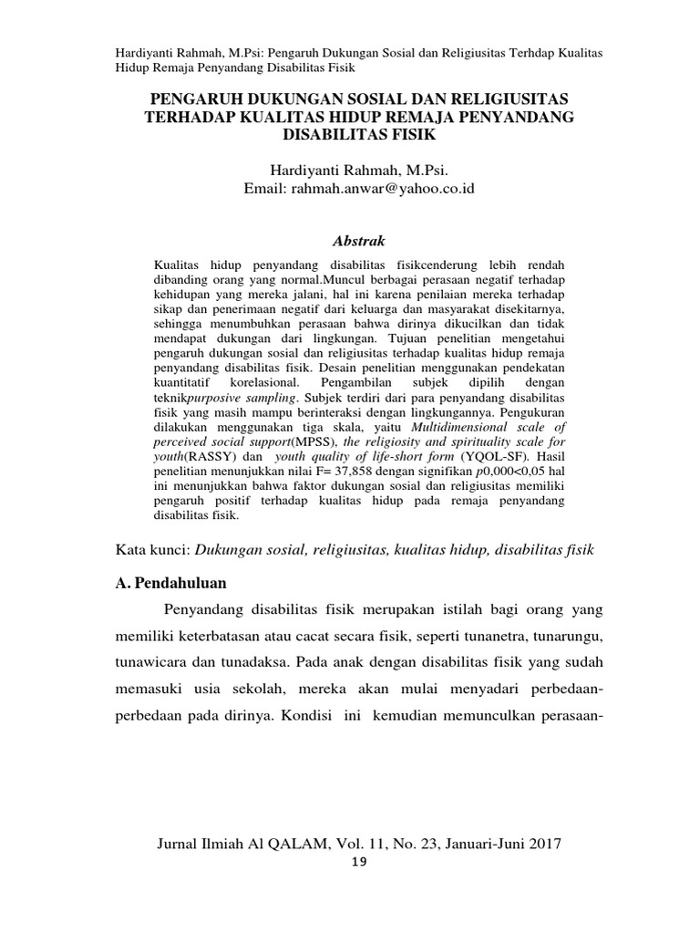 Pengaruh Dukungan Sosial Dan Religiusitas Terhadap Kualitas Hidup Remaja Penyandang Disabilitas ...