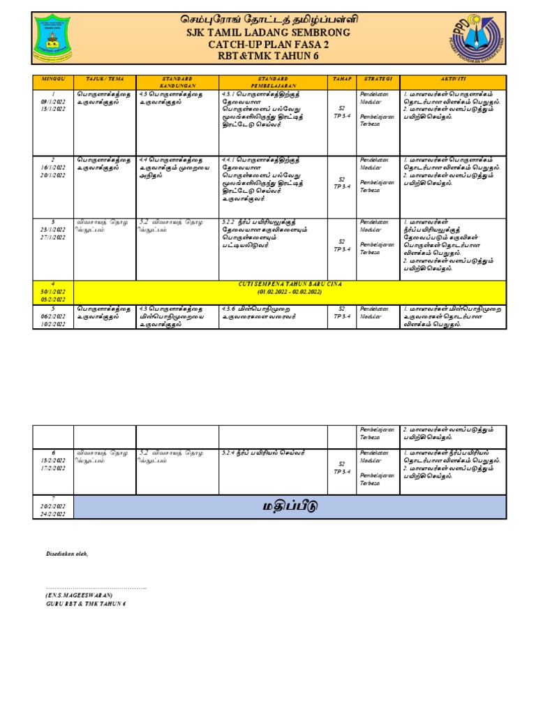 SJK Tamil Ladang Sembrong Catch-Up Plan Fasa 2 RBT&TMK Tahun 6 | PDF