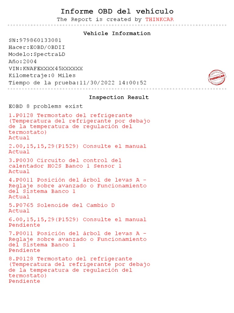 Informe OBD Del Vehículo: The Report Is Created by | PDF