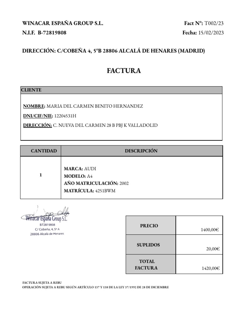 Factura REBU para vehículo Audi A4 | PDF | Derecho privado | Justicia