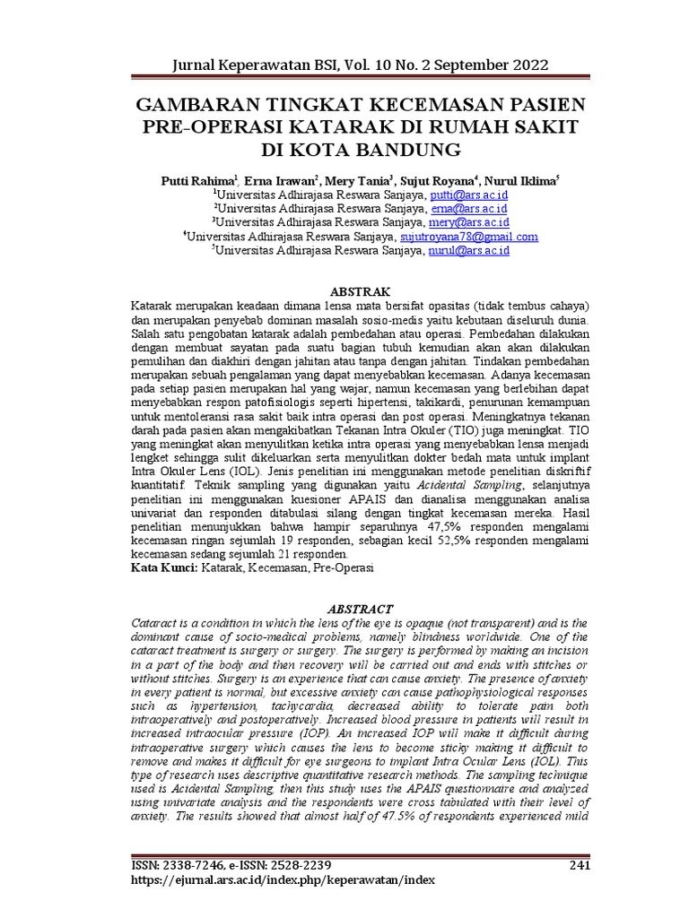 Gambaran Tingkat Kecemasan Pasien Pre-Operasi Katarak Di Rumah Sakit Di ...