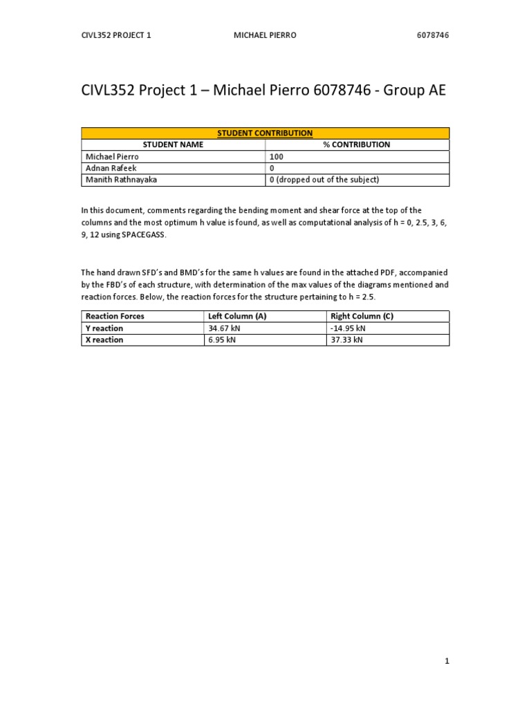 CIVL352 Project 1 Hand Calcs + SFD, BMD | PDF | Mechanical Engineering | Mechanics
