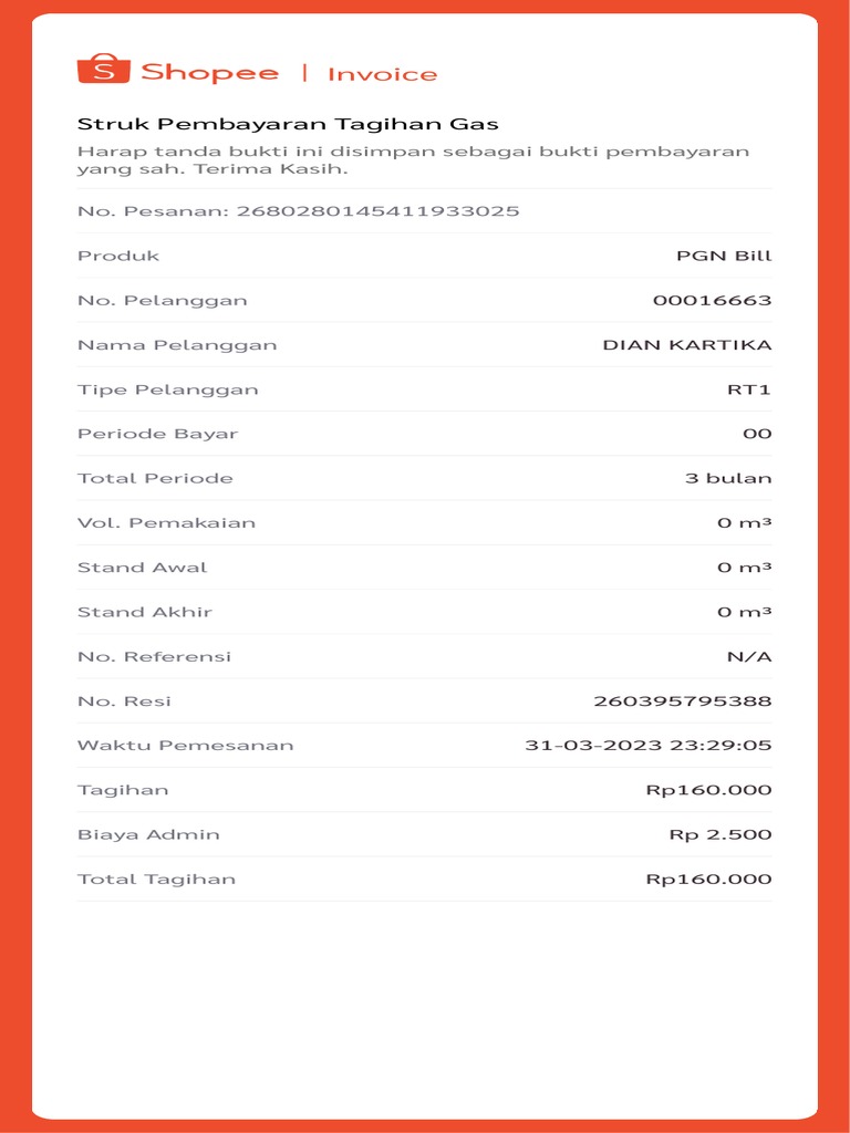 Contoh Invoice Tagihan Gas PGN | PDF