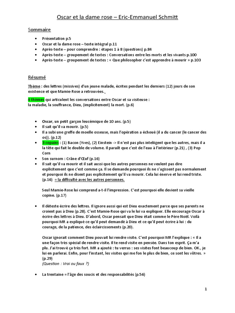 Résumé d'Oscar et la dame rose | PDF