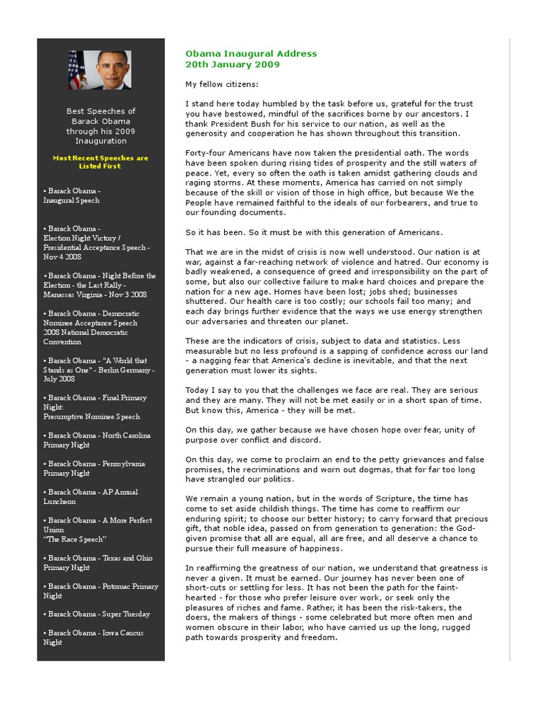 Barack Obama Inauguration Speech - Jan 20 Inaugural | PDF | Barack ...