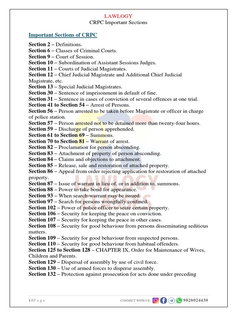 CRPC Important Sections | PDF | Bail | Crime & Violence