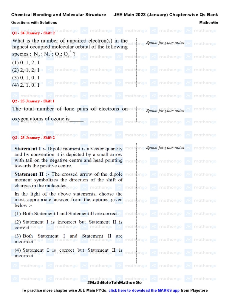 January 2023 JEE Main Chapter-wise Question Bank for Chemical Bonding ...